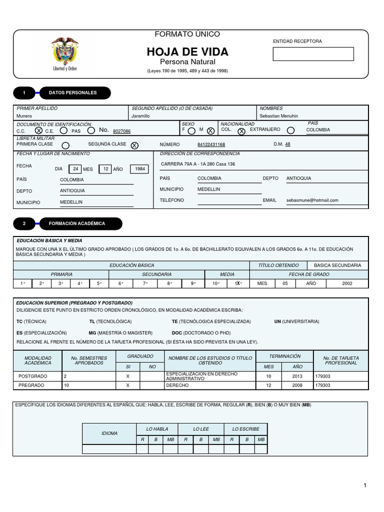 Hoja De Vida Función Pública Descargar Gratis Pdf Colombia