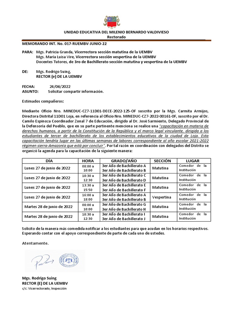 Memorandum 017 - Capacitacion 3ro de Bachillerato | PDF | Gobierno