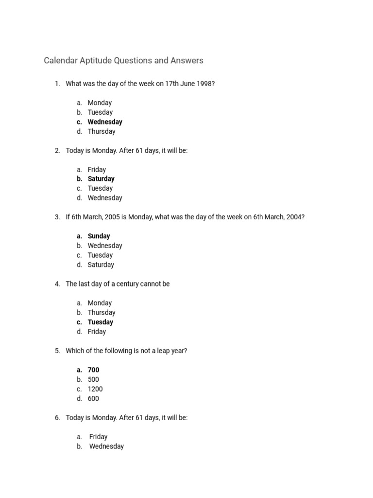 Calendar Aptitude Questions and Answers: C. Wednesday | PDF | Travel