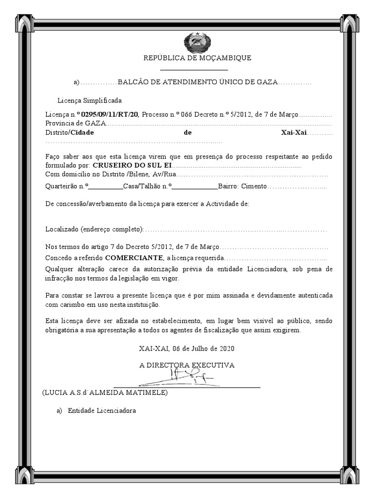 Licença simplificada para comércio em Xai-Xai | PDF