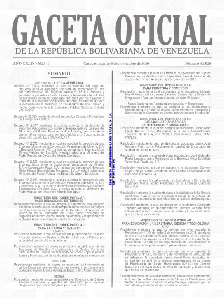 Gaceta Oficial 41026 I SLR | PDF | Ministerio (Departamento de Gobierno) | Venezuela