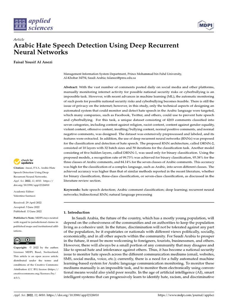 Applied Sciences: Arabic Hate Speech Detection Using Deep Recurrent ...
