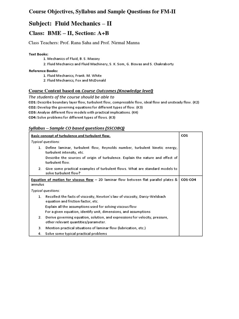 Subject: Fluid Mechanics - II: Class: BME - II, Section: A+B | PDF | Fluid Dynamics ...