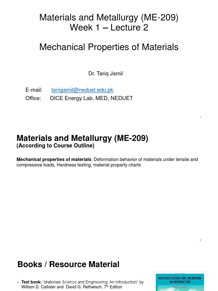 Materials and Metallurgy (ME-209) Week 1 - Lecture 2 Mechanical Properties of Materials | PDF ...