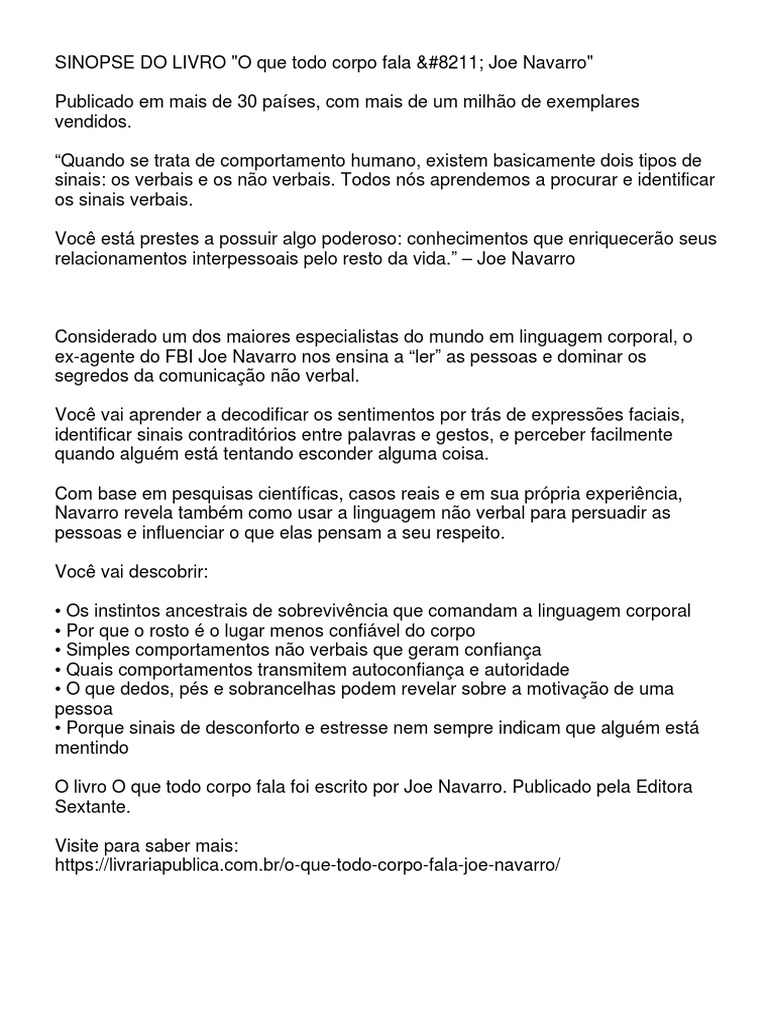 O Que Todo Corpo Fala – Joe Navarro | PDF