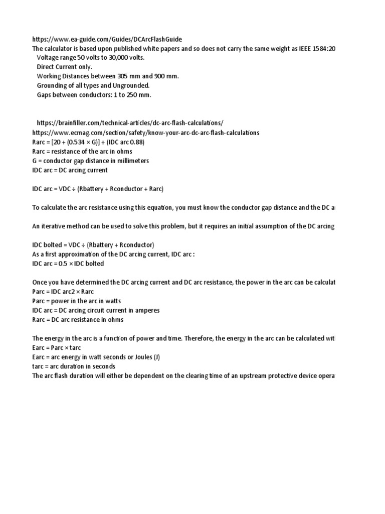 Dc Arc Flash Calculations Pdf Electric Arc Direct Current