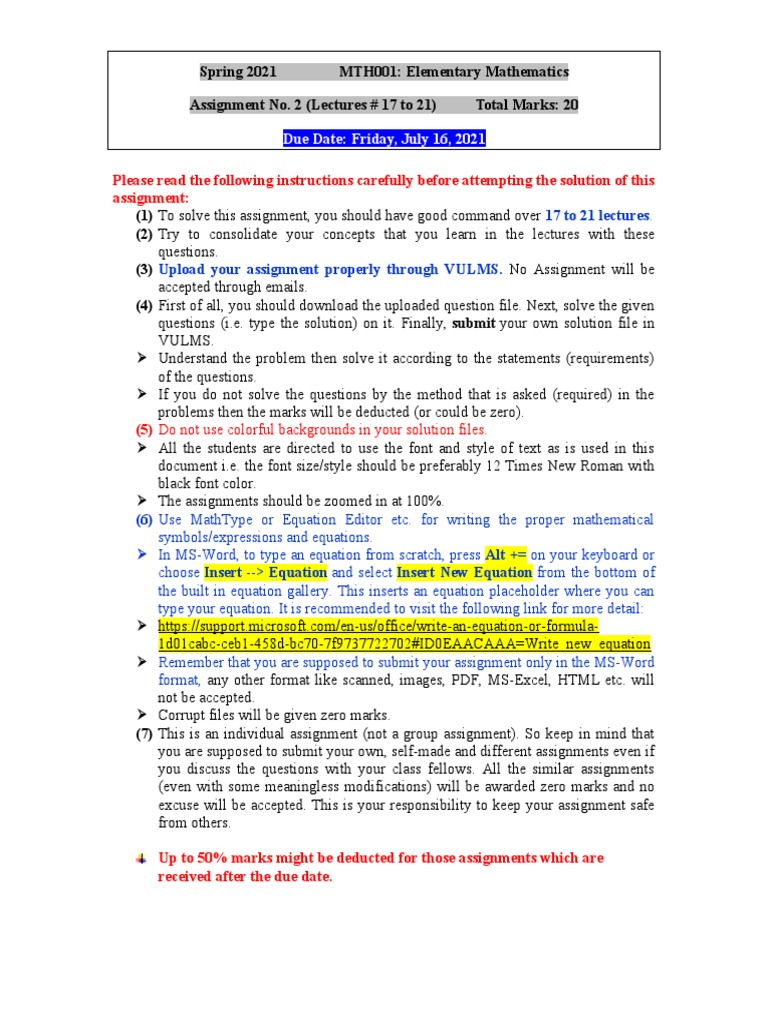 17 To 21 Lectures Upload Your Assignment Properly Through Vulms Pdf Equations Matrix