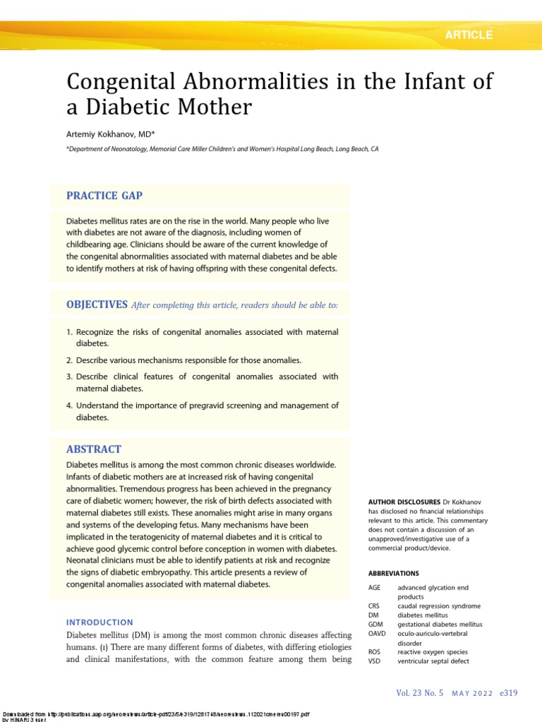 Congenital Abnormalities in The Infant of A Diabetic Mother: Practice ...