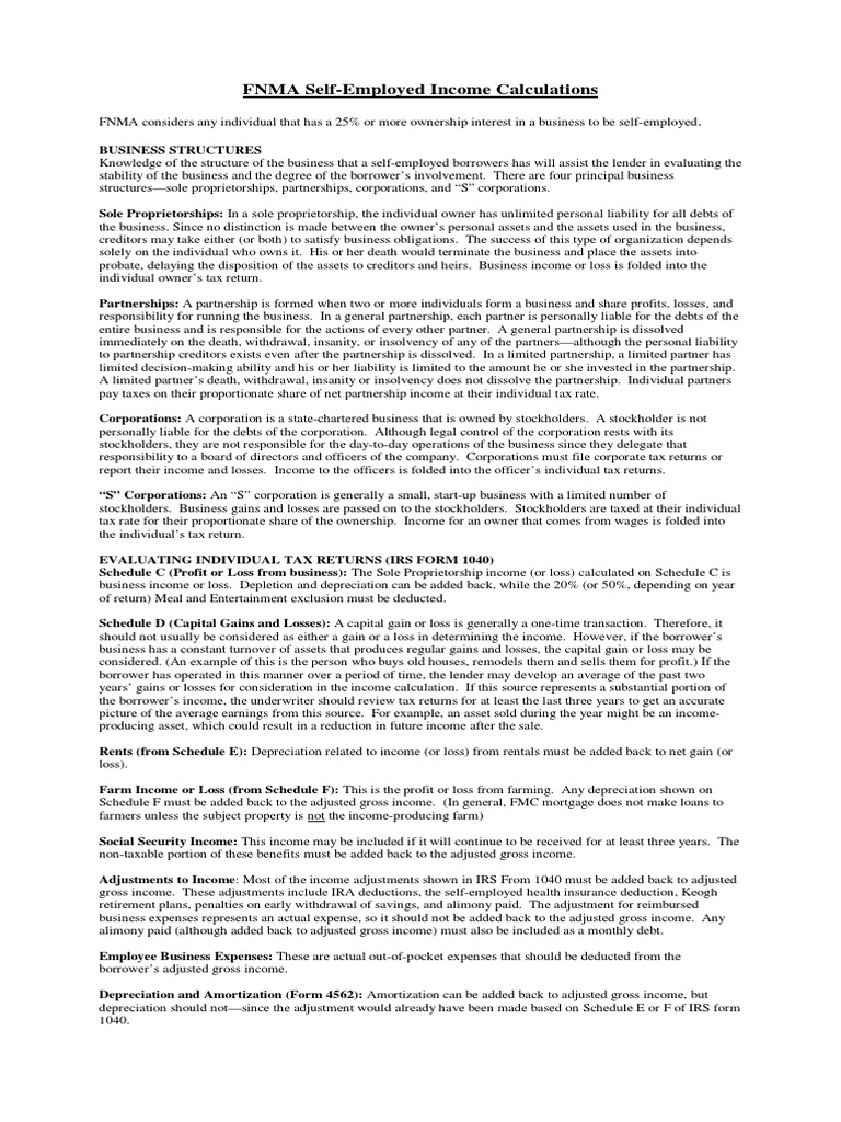 FNMA Self-Employed Income Calculations | PDF | Corporate Tax | Income ...