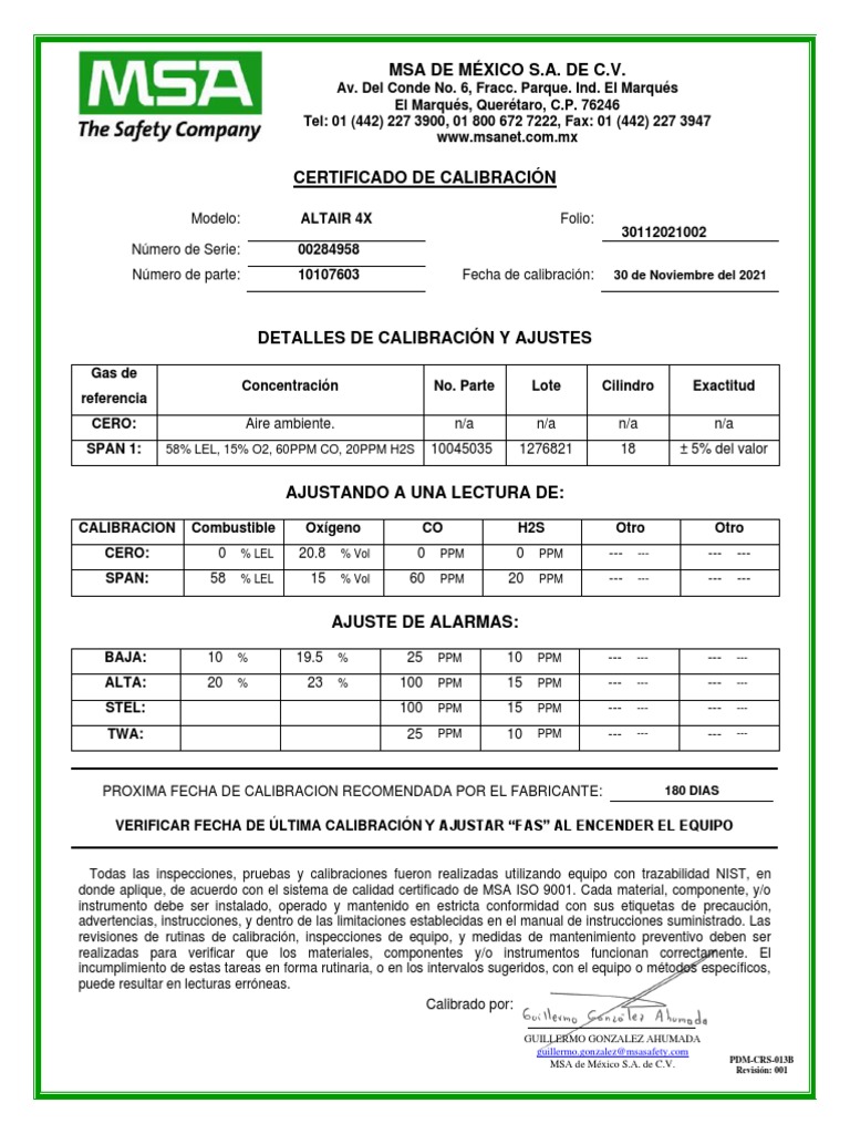 Msa de México S.A. de C.V.: 58% LEL, 15% O2, 60PPM CO, 20PPM H2S | PDF ...