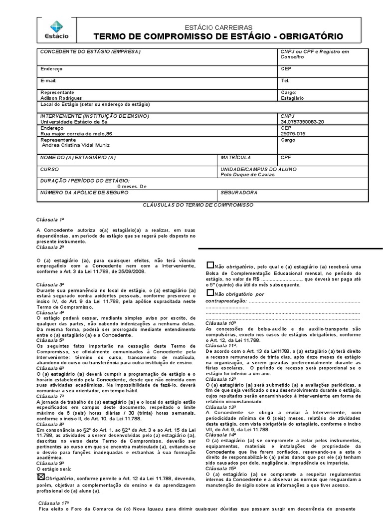 Contrato de Estágio Estácio | PDF | Estágio | Procura de Emprego