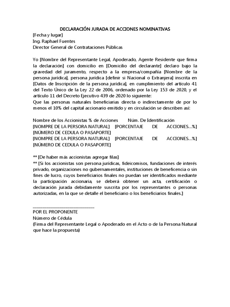 MODELO DECLARACIÓN JURADA DE ACCIONES NOMINATIVAS | PDF