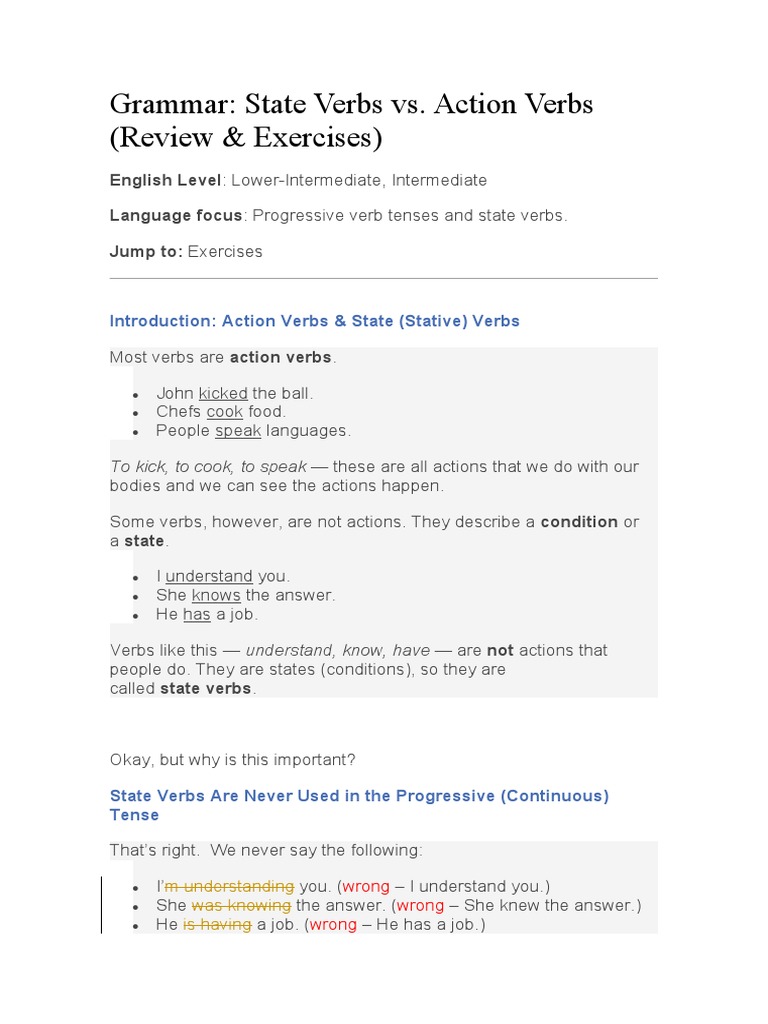 State Verbs Vs Action Verbs Pdf Grammatical Tense Verb