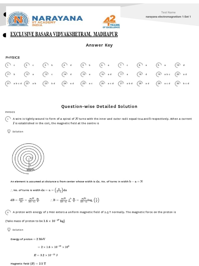 Answer Key: Physics | PDF | Inductor | Magnetic Field