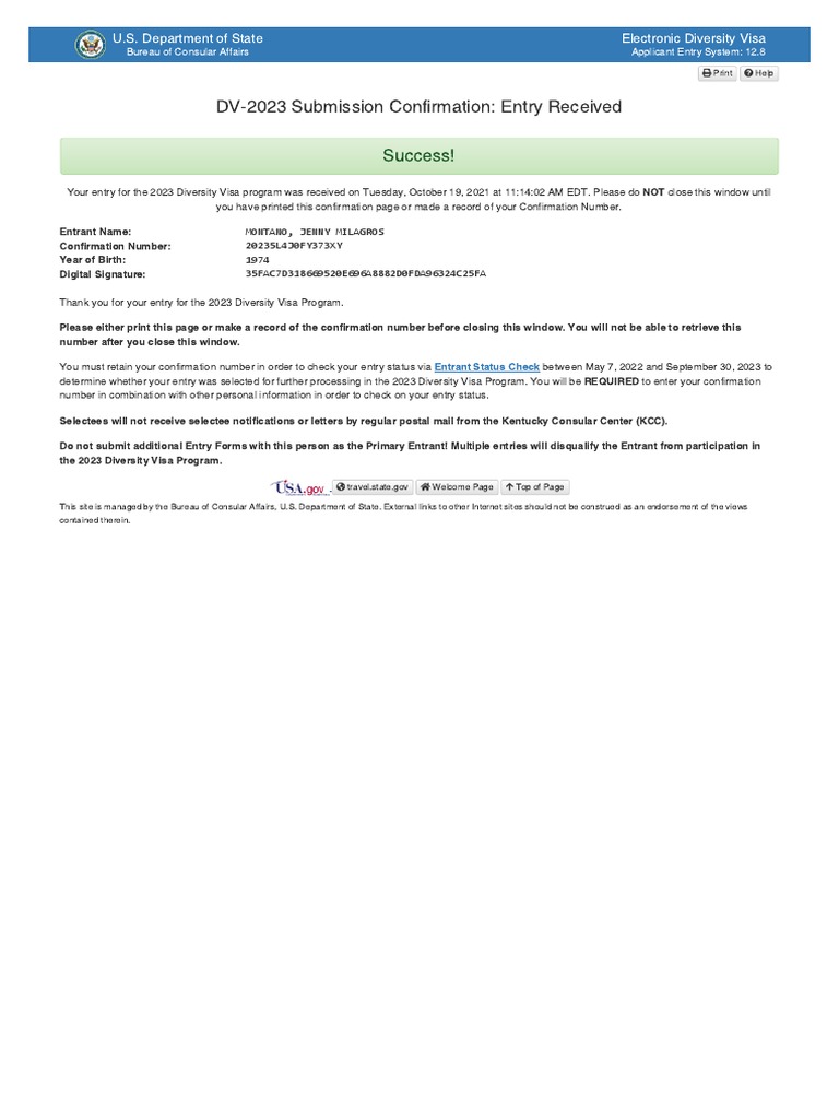 DV-2023 Submission Confirmation: Entry Received: Success! | Download Free PDF | Travel Visa ...