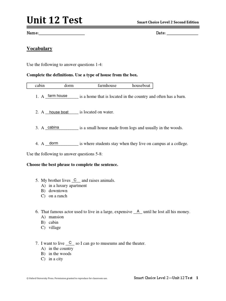 Unit 12 Test: Vocabulary | PDF | Classroom