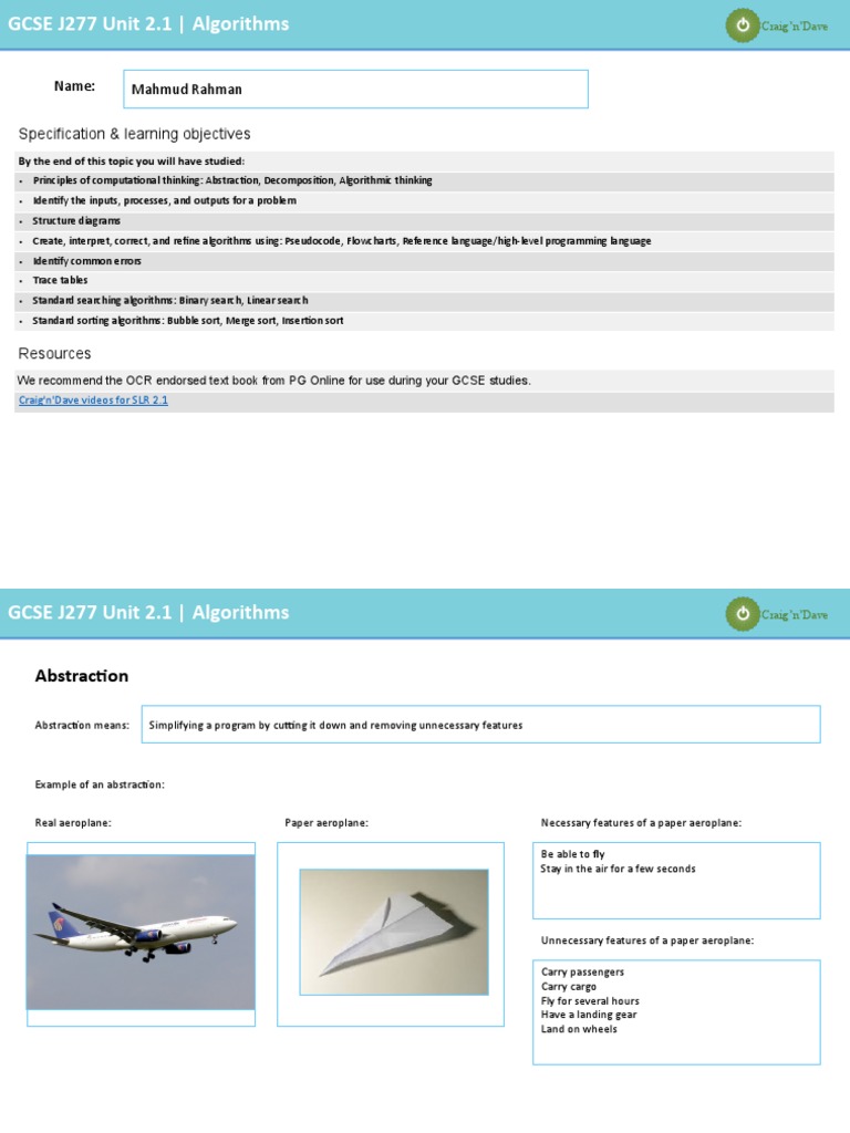 Mahmud RAHMAN - 2.1 Workbook | PDF | Algorithms | Algorithms And Data Structures