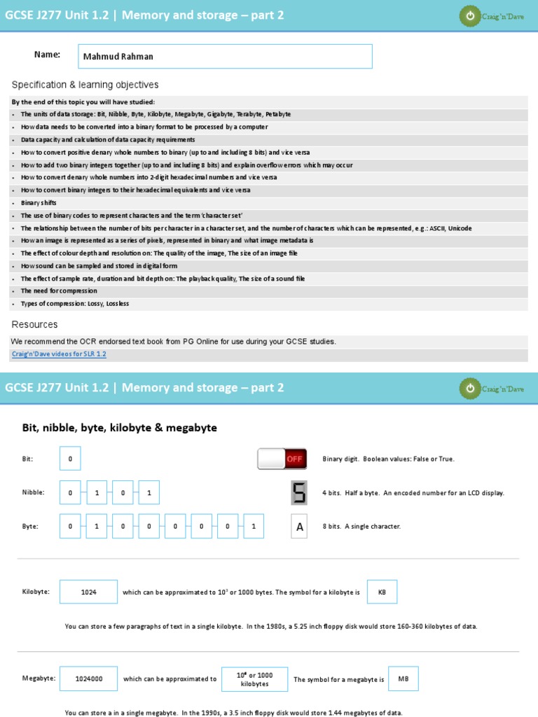 Mahmud RAHMAN - 1.2 Workbook (Part 2) | PDF | Data Compression | Byte