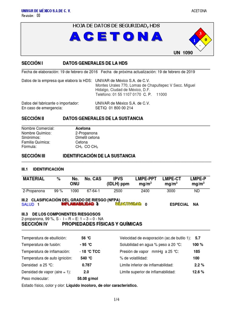 Hoja de Seguridad Acetona Pochteca | PDF | Agua | Mercancías peligrosas