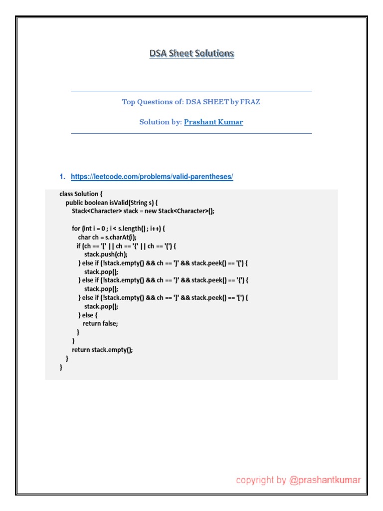 FRAZ DSA Sheet Solutions by Prashant | PDF | String (Computer Science) | Boolean Data Type