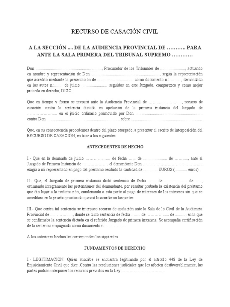 Modelo de Recurso de Casacion Civil WORD | PDF | Sentencia (ley) | Ley Pública