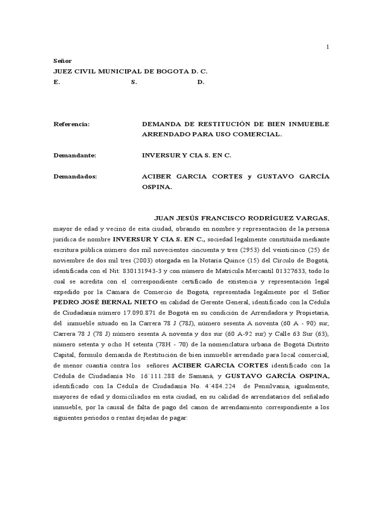 Demanda Restitución de Inmueble Arrendado | PDF | Bancos | Colombia Demanda Restitución de Inmueble Arrendado | PDF | Bancos | Colombia