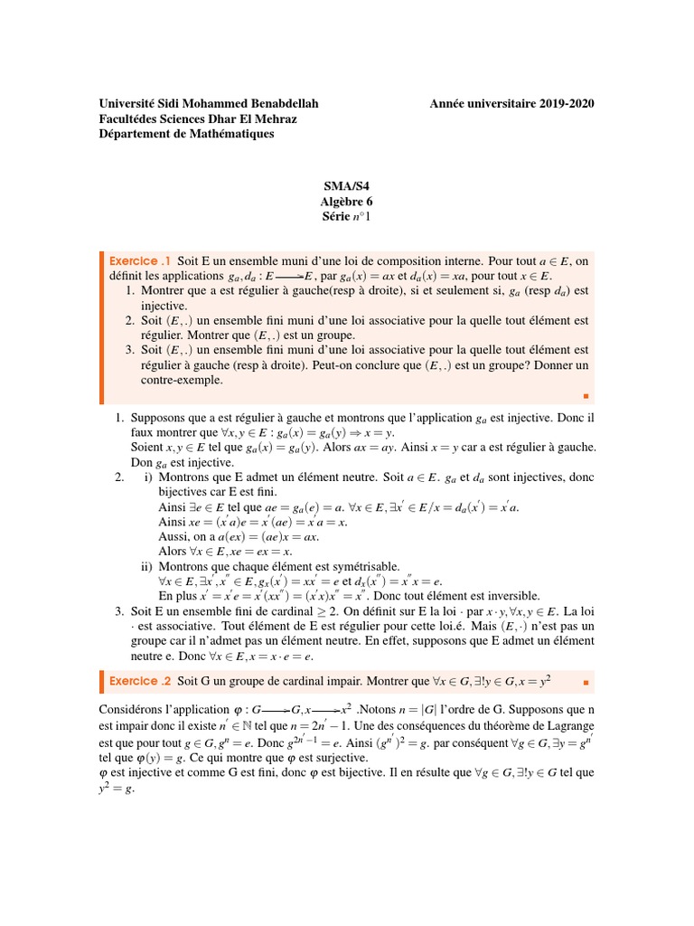 Corrigé d'Algèbre S1 - Université Sidi Mohammed Benabdellah | PDF | Groupe (Mathématiques ...