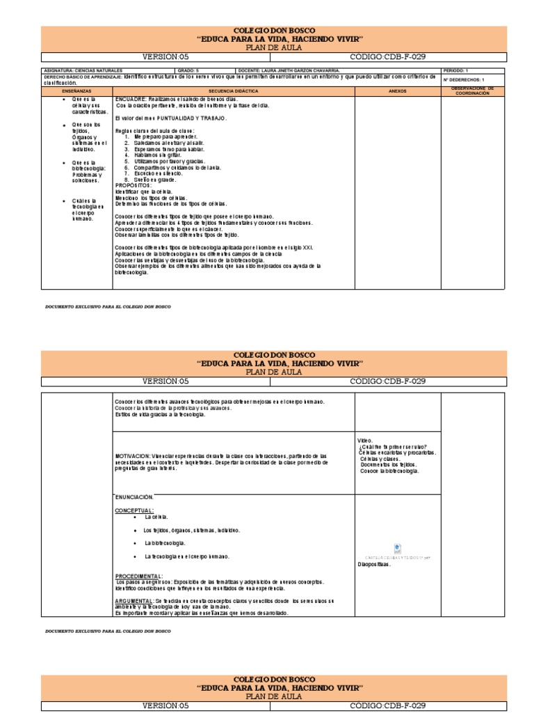 Plan Aula 5° I Periodo 2018 | PDF | Salón de clases | Biotecnología