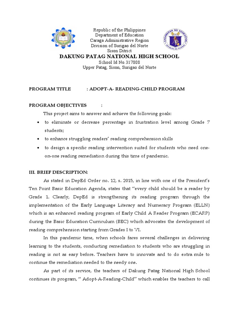 Dakung Patag National High School: Program Title Program Objectives ...