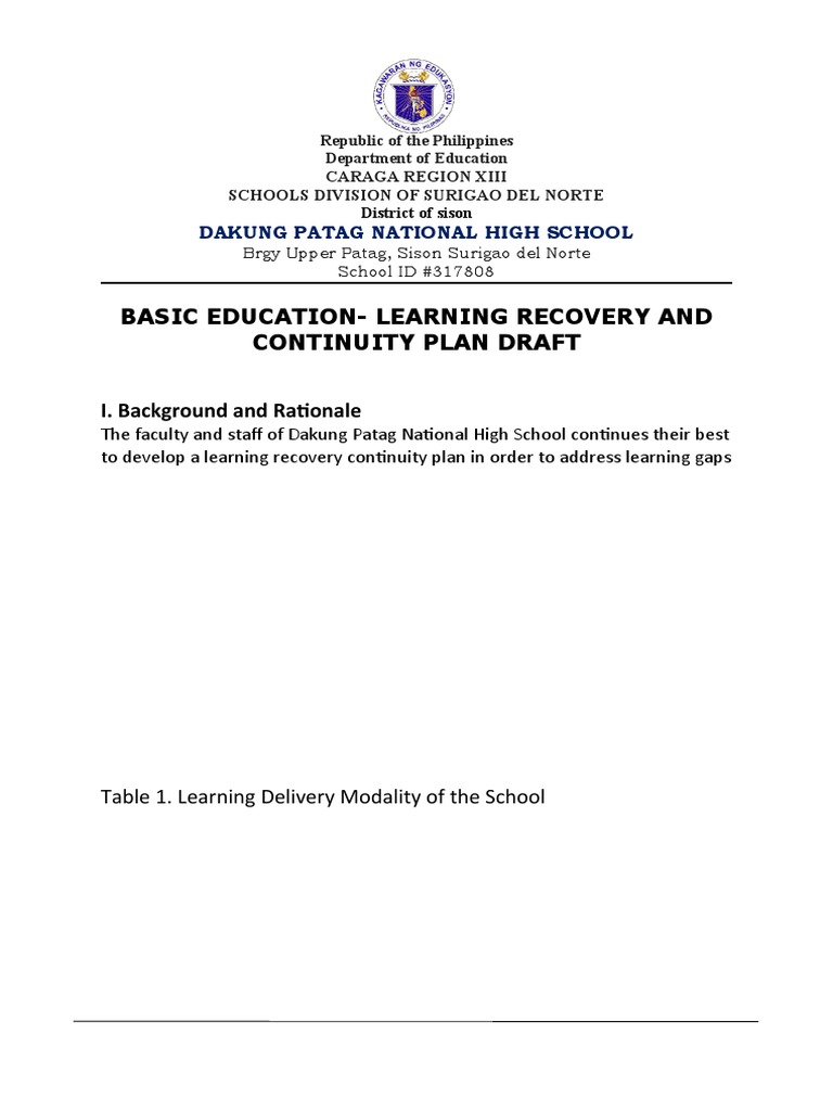 Basic Education-Learning Recovery and Continuity Plan Draft I ...