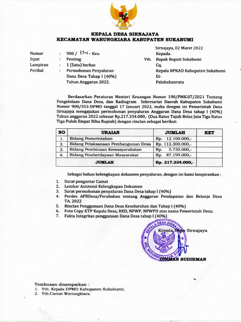 Surat Permohonan Penyaluran DD THP I001 | PDF Surat Permohonan Penyaluran DD THP I001 | PDF