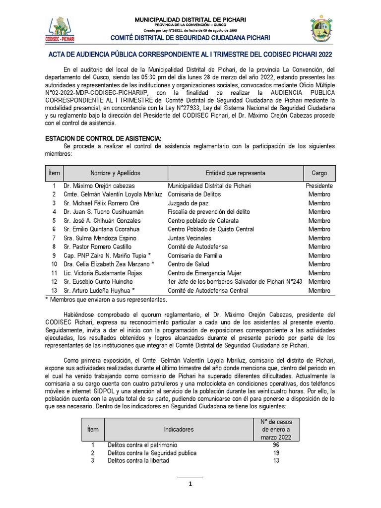 Seguridad Ciudadana Acta N°001 Audiencia Publica Codisec I | PDF | La ...