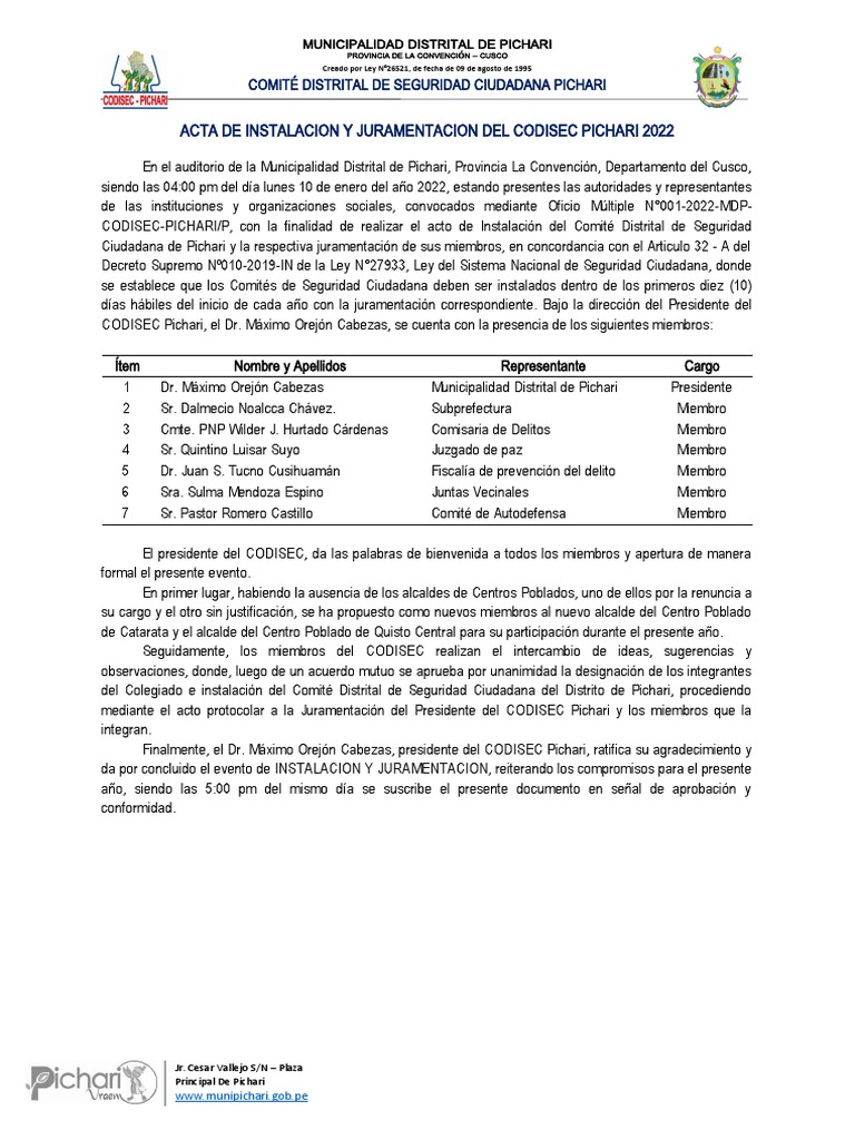 Seguridad Ciudadana Acta N°001 Instalacion y Juramentacion | PDF | Gobierno