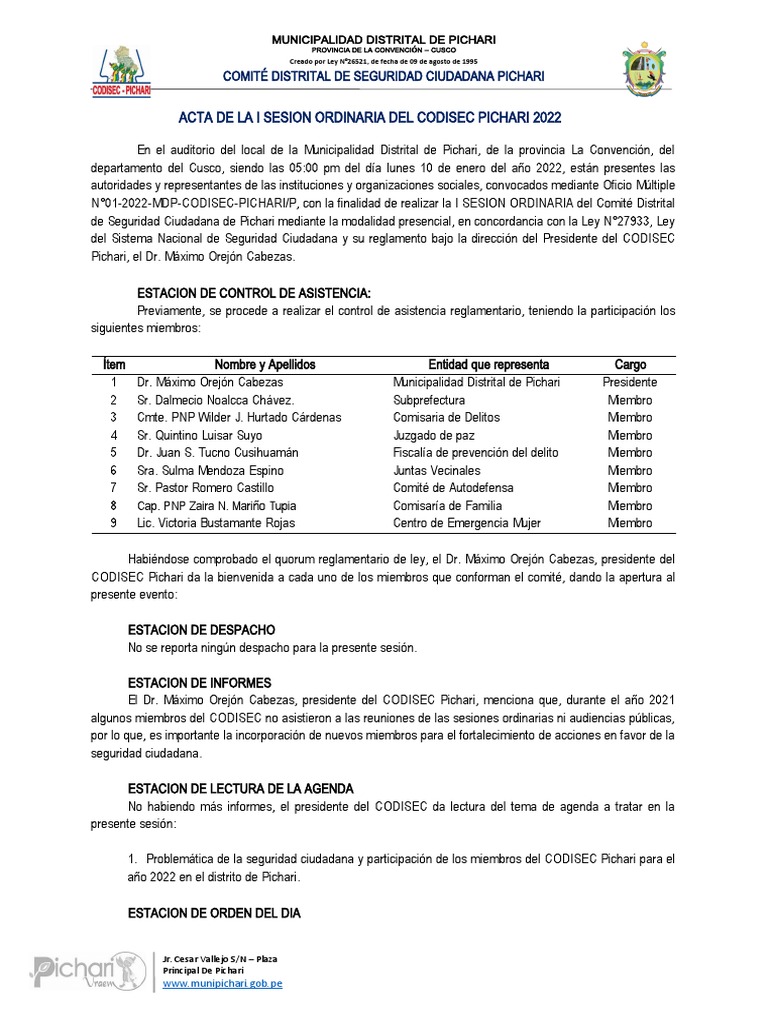 Seguridad Ciudadana Acta N°001 Sesion Ordinaria Codisec I | PDF | Ministerio (Departamento de ...
