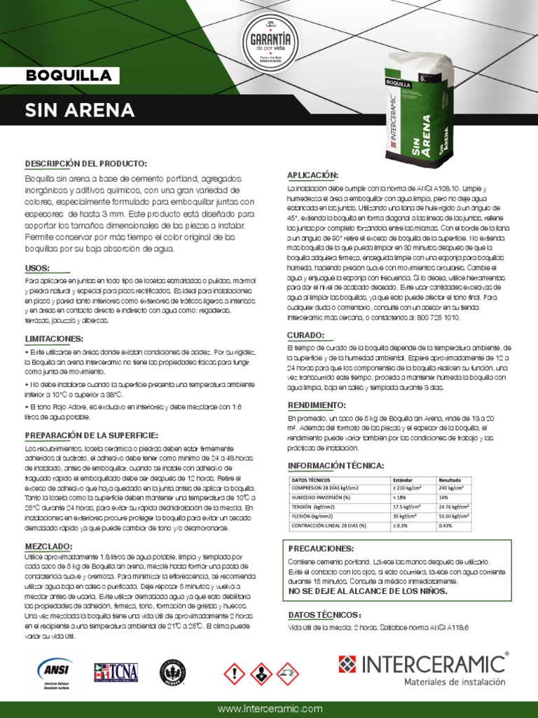Boquilla Sin Arena Interceranic | PDF | Agua | Materiales