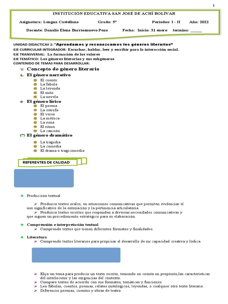 Plan de Clase Quinto Grado Los Géneros Literarios | PDF | Narración ...