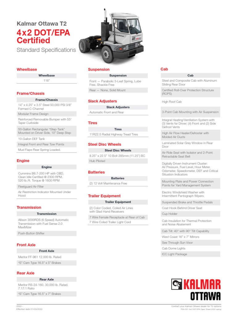 Ottawa 4X2 DOT EPA Specification Sheet English 2022 | PDF | Truck | Tire