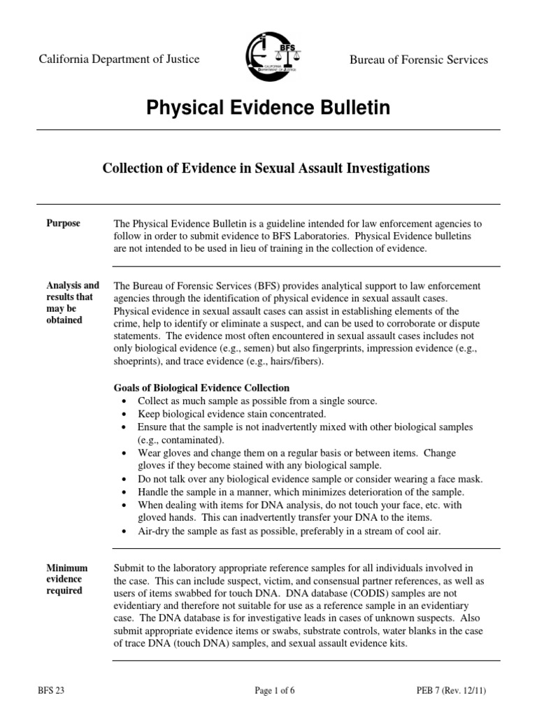 Physical Evidence Bulletin: Collection of Evidence in Sexual Assault ...