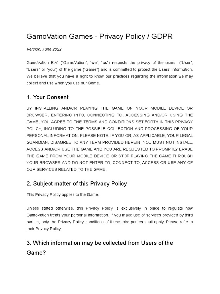 Gamovation Games - Privacy Policy / GDPR: 1. Your Consent | PDF | Http ...