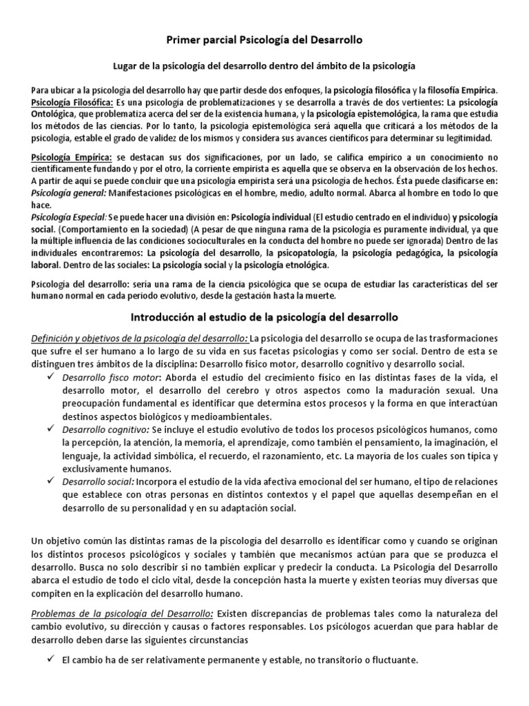 Resumen Psicologia Del Desarrollo 1 Parcial | PDF | Sicología | Mente inconsciente