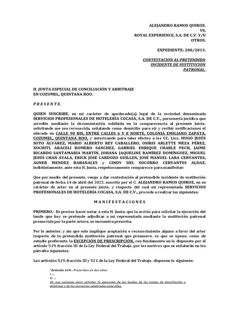 Contestación Incidente de Sustitución Patronal SEPROHOCOCASA | PDF ...