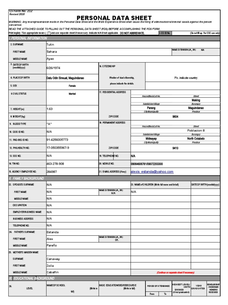 Personal Data Sheet CS Form 212 | PDF | Government | Justice