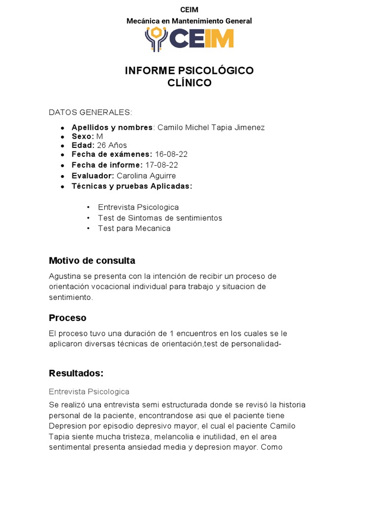 Modelo de Informe Psicológico Clínico | PDF