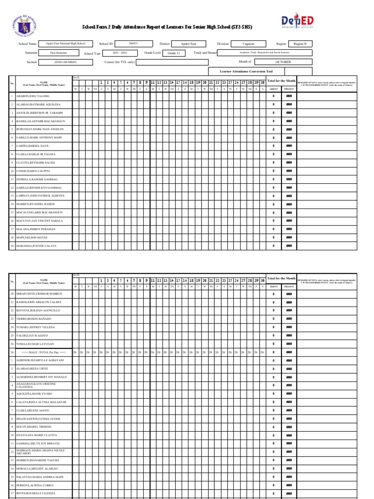 School Form 2 (SF 2) - Blank Template | PDF