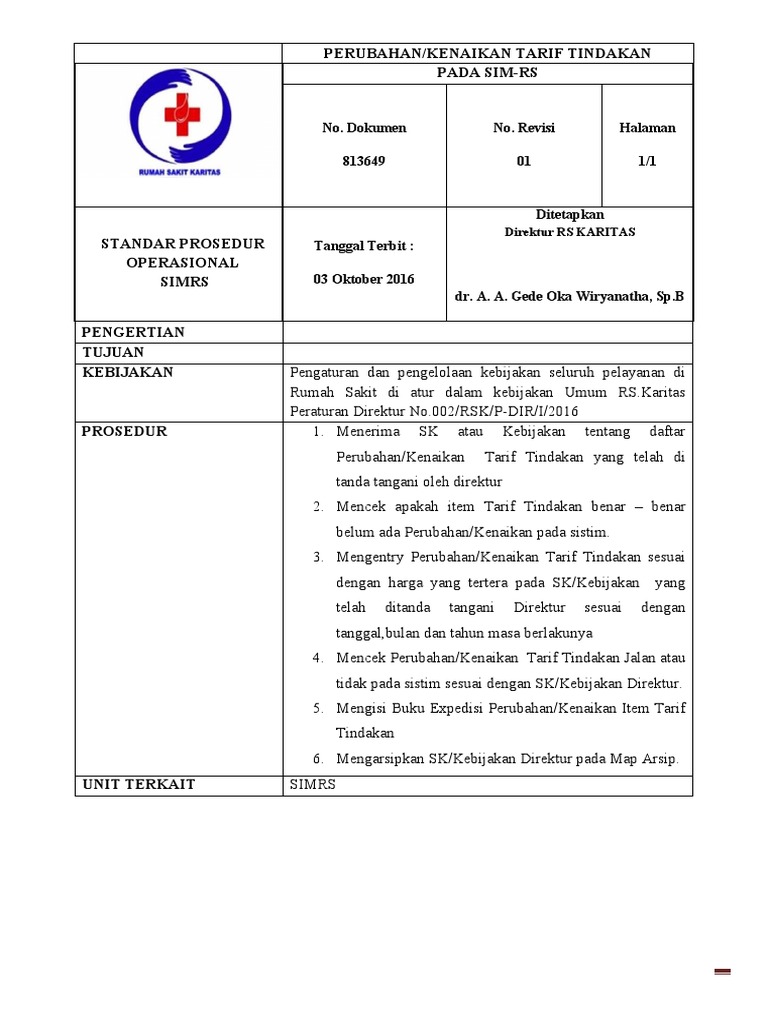 Spo Perubahan Tarif Tindakan Rumah Sakit Pada Simrs | PDF