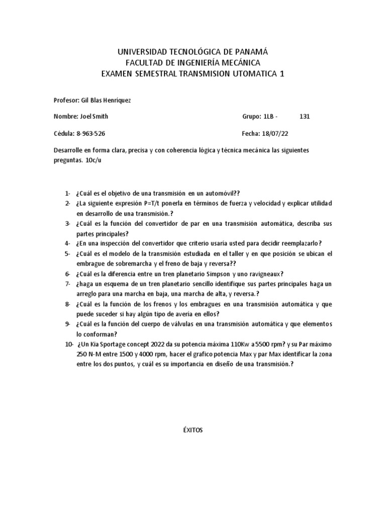 Examen Semestral de Transmision Automatica Joel Smith 8-963-526 | PDF | Transmisión automática ...