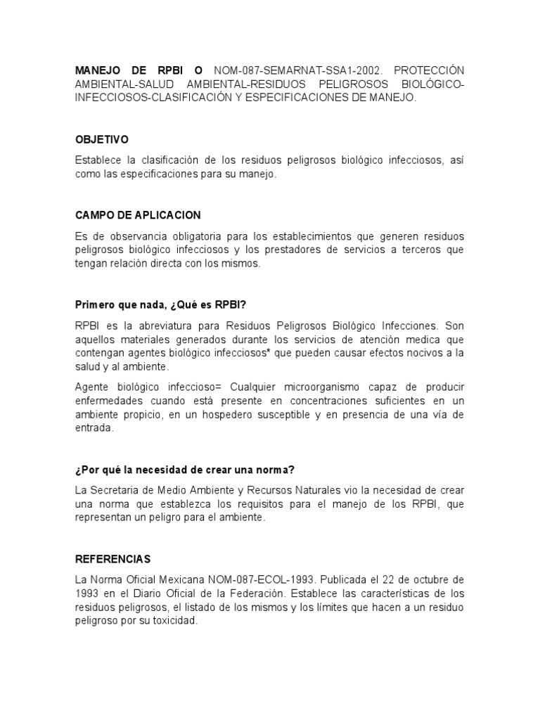 Manejo de Rpbi o Nom | PDF | Residuos | Infección