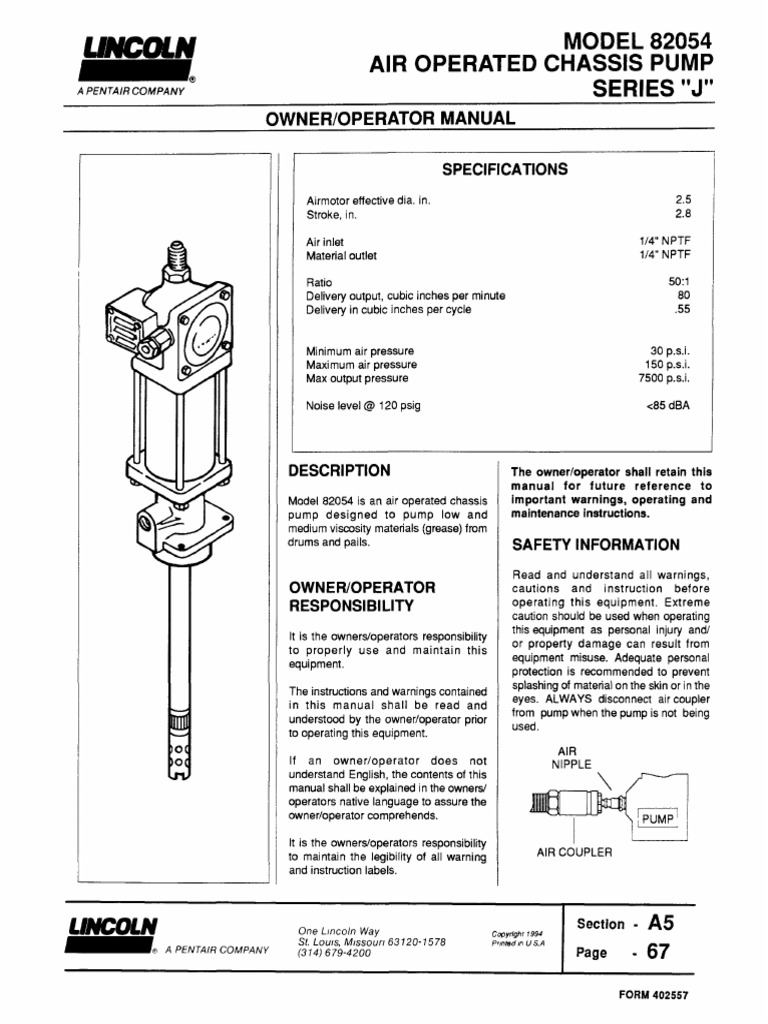 Lincoln: MODEL 82054 Air Operated Chassis Pump Series "J" | PDF | Pump ...