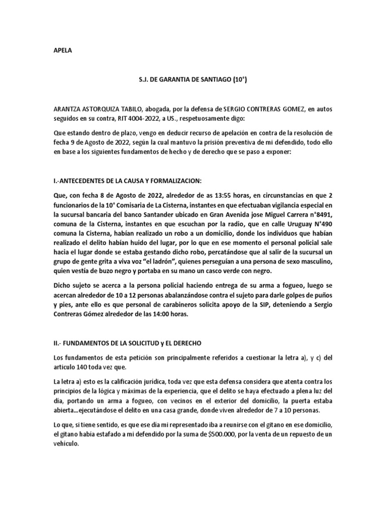 Apelación contra prisión preventiva de Sergio Contreras | PDF | Mandato | Castigos