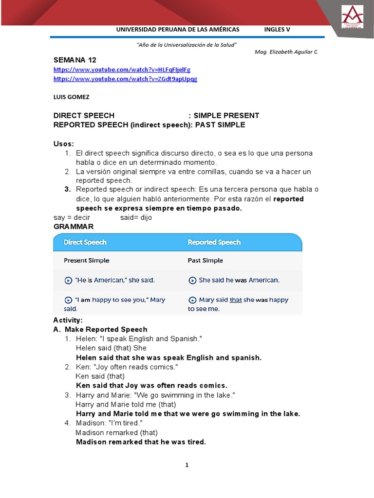 INGLES V. SEMANA 12. 1° Parte - Report Speech. Simple Present | PDF